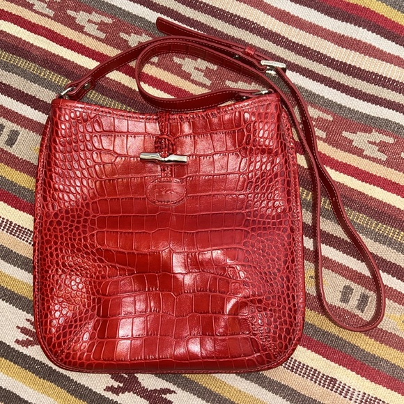 Longchamp | Bags | Longchamp Roseau Red Crossbody Bag With Crocodile ...